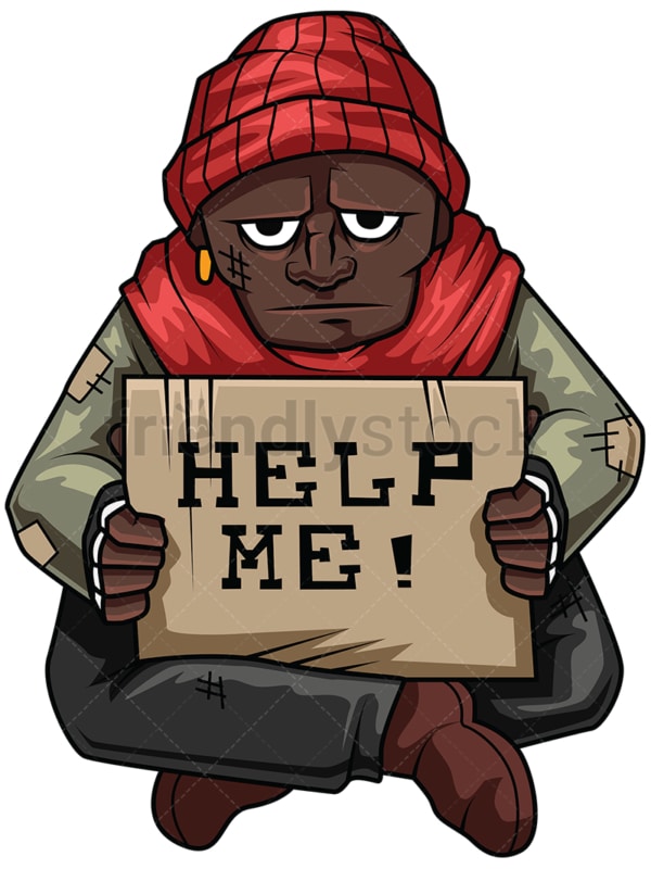Poor Black Man Holding Help Sign Vector Cartoon Clipart - FriendlyStock