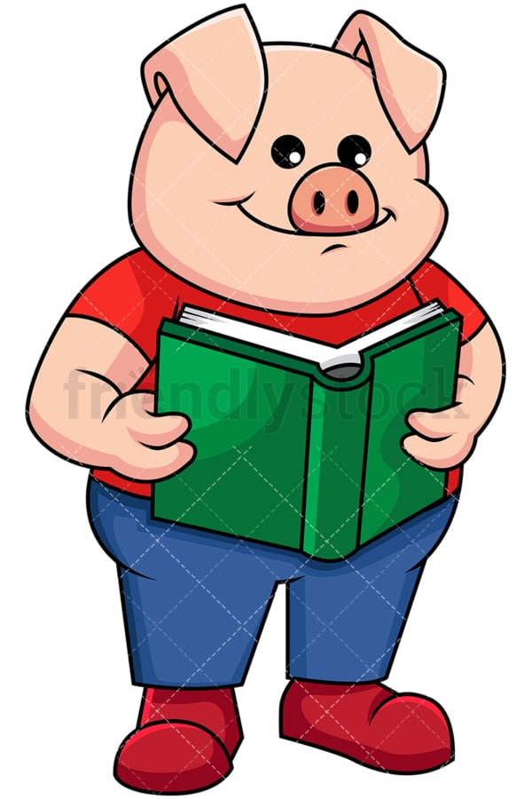 Pig Reading A Book Vector Cartoon Clipart - FriendlyStock
