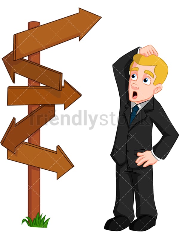 Confused Businessman Direction Signs Vector Cartoon Clipart - FriendlyStock