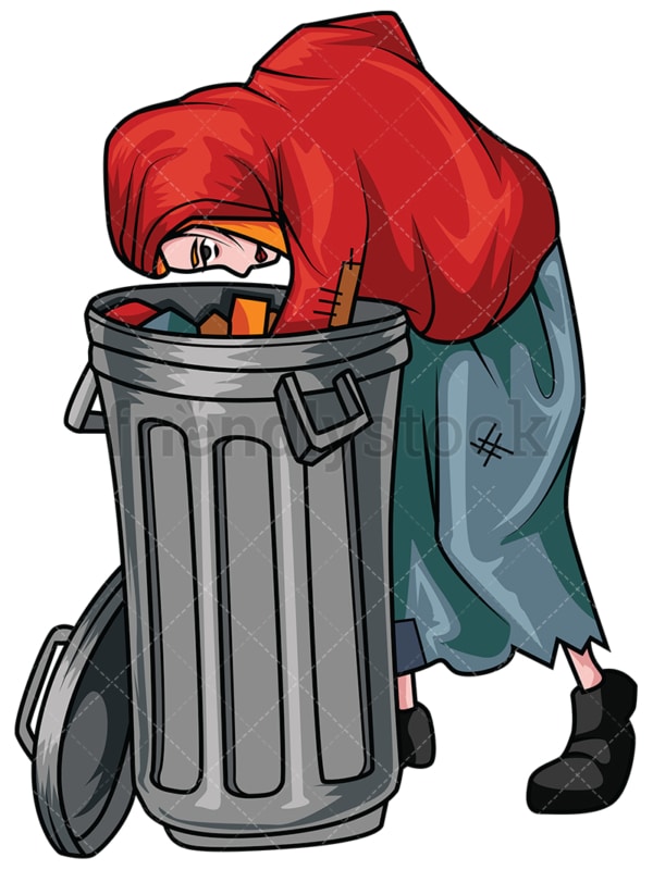 Woman Looking For Food In Trash Vector Cartoon Clipart - FriendlyStock