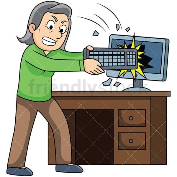 Furious Old Woman Smashing Computer Cartoon Vector Clipart - FriendlyStock