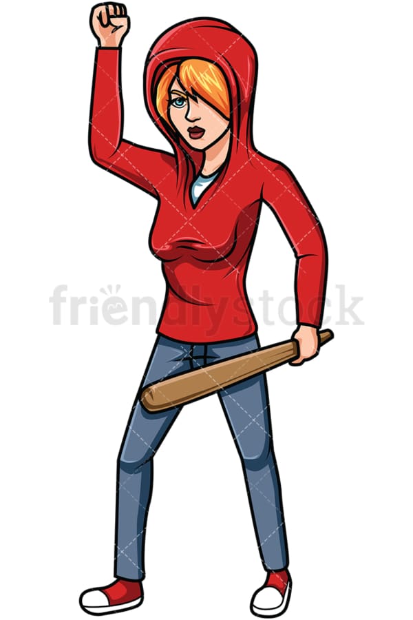 Female Anarchist Holding Club Cartoon Vector Clipart - FriendlyStock
