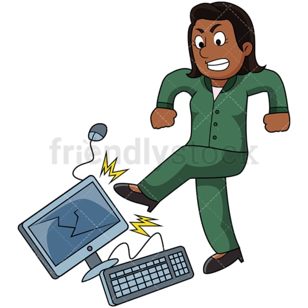 Angry Black Woman Kicking Computer Cartoon Vector Clipart - FriendlyStock