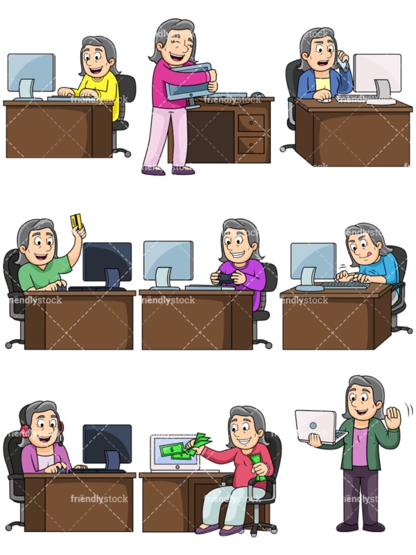 Old Woman Using Computers Cartoon Vector Clipart - FriendlyStock