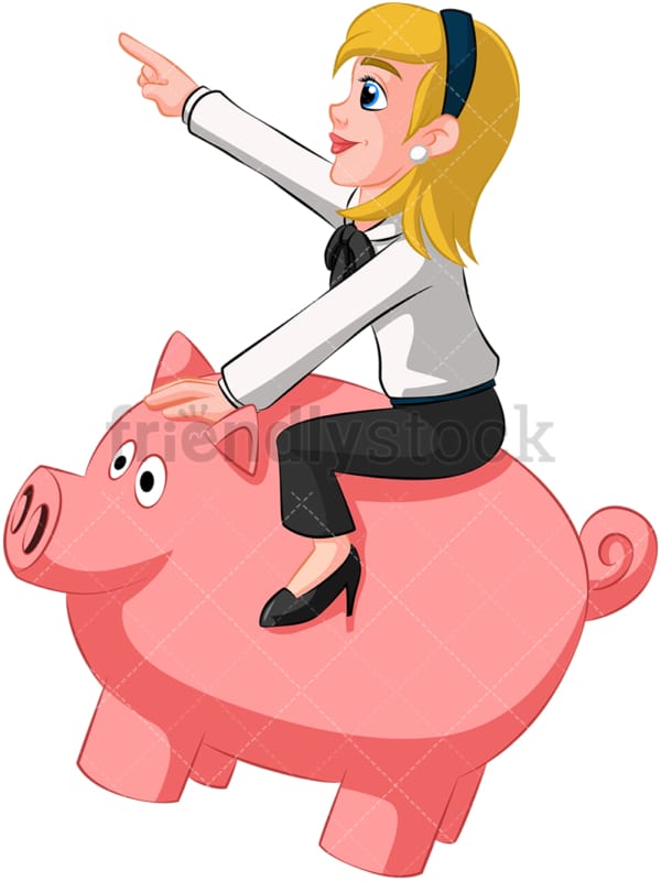 Businesswoman Riding Piggy Bank Vector Cartoon Clipart - FriendlyStock