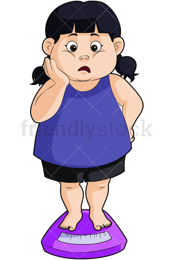Fat Little Girl On Weight Scale Cartoon Vector Clipart - FriendlyStock