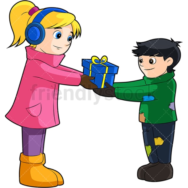 Little Girl Donating Present To Poor Boy Cartoon Vector Clipart ...