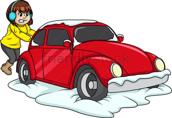 Woman Pushing Car Out Of Snow Cartoon Clipart Vector - FriendlyStock