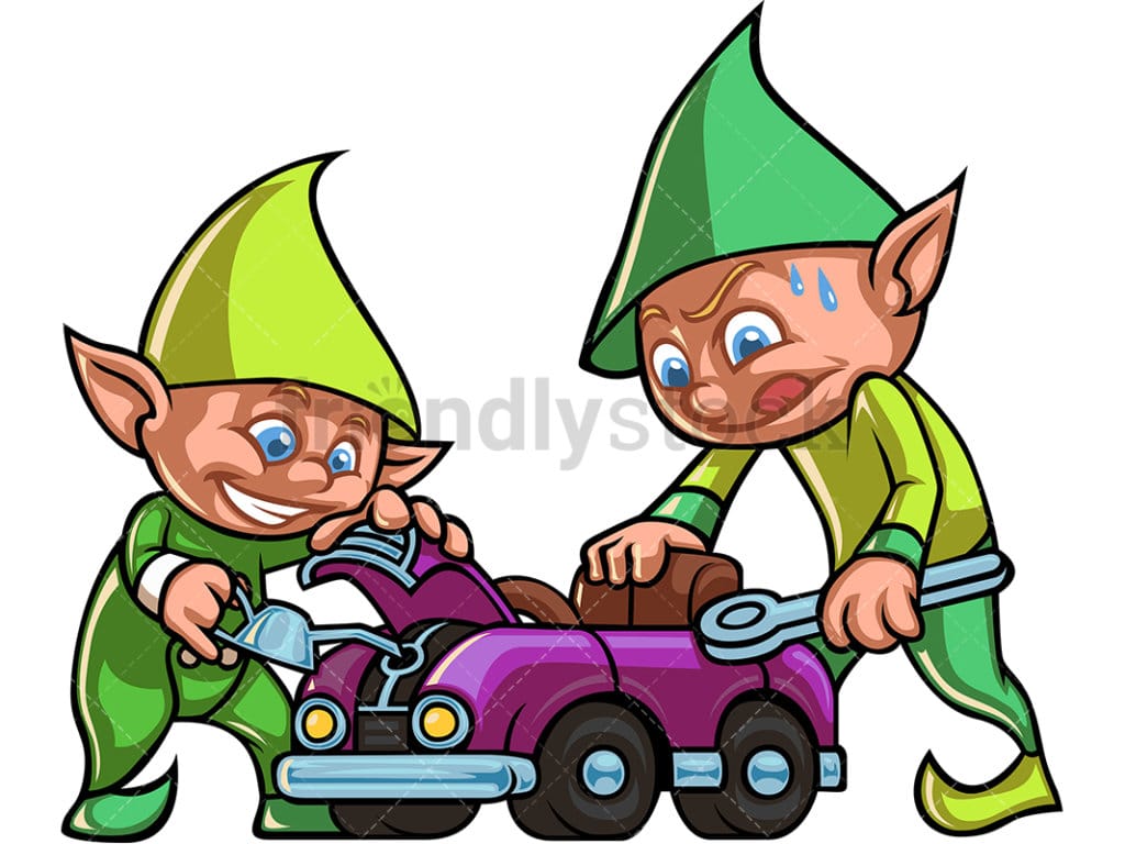 Christmas Elves Building A Car Toy Cartoon Vector Clipart - FriendlyStock