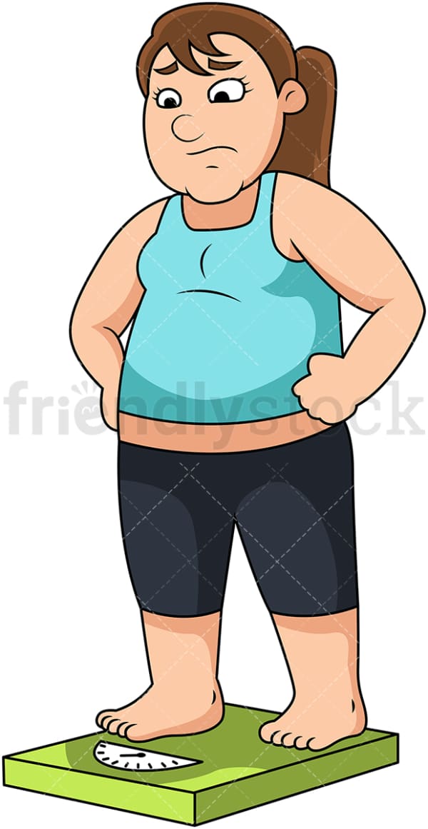 Fat Woman On Weighing Scale Cartoon Vector Clipart - FriendlyStock