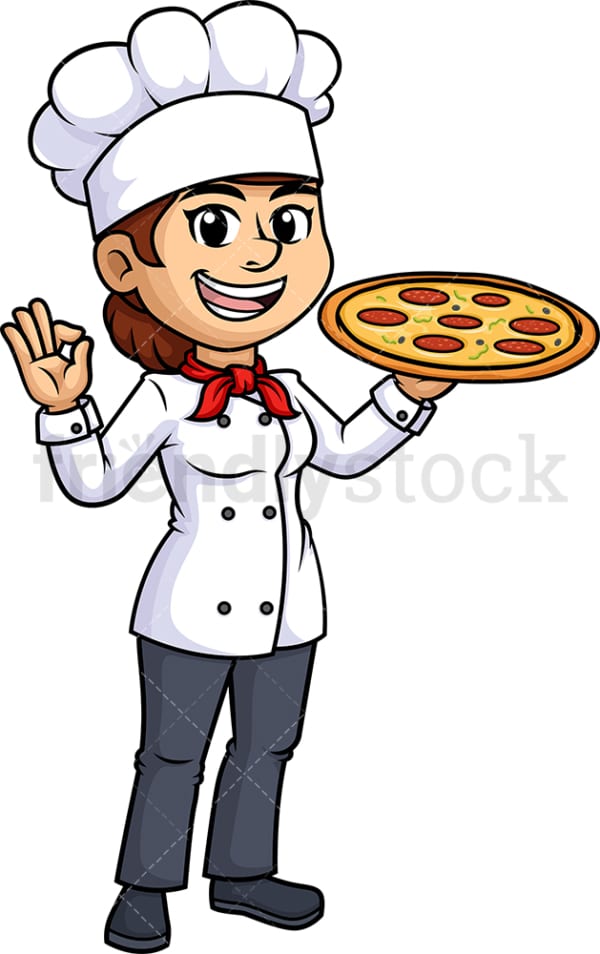 Female Chef Holding Pizza Cartoon Clipart Vector - FriendlyStock
