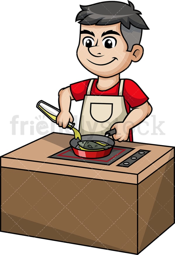 Man Frying Fish Cartoon Clipart Vector - FriendlyStock