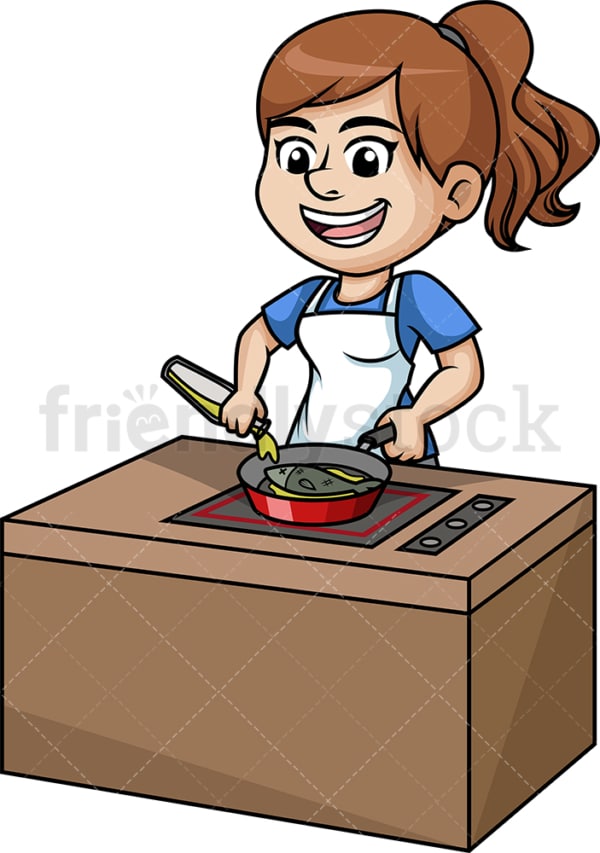 Woman Frying Fish Cartoon Clipart Vector - FriendlyStock