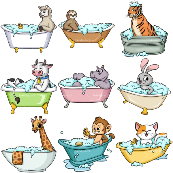 Animals In Bathtubs Cartoon Vector Clipart - FriendlyStock