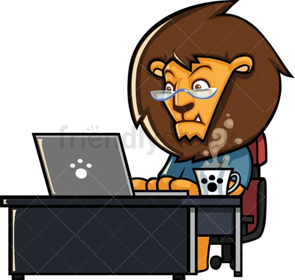 Lion Working With Laptop Cartoon Clipart Vector - FriendlyStock