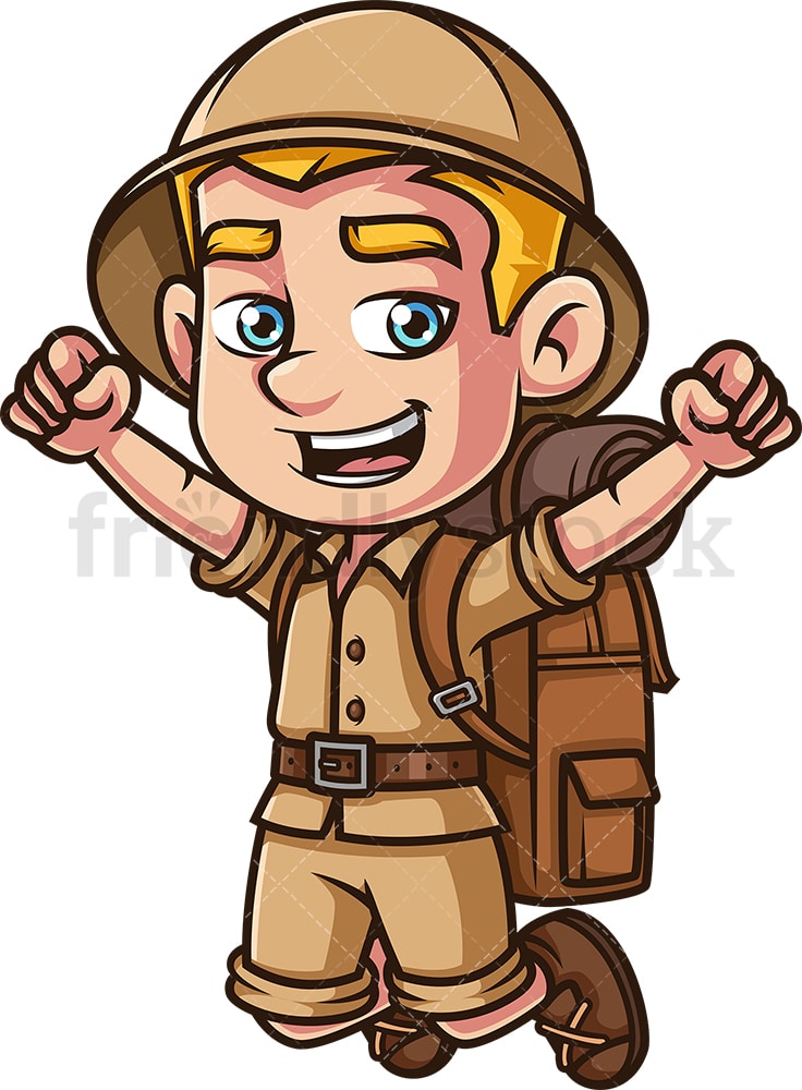 Happy Male Safari Explorer Cheering Cartoon Clipart Vector - FriendlyStock