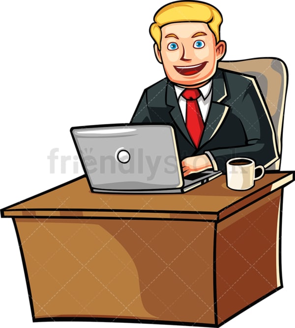 Business Man Behind Desk With Laptop Cartoon Vector Clipart - FriendlyStock