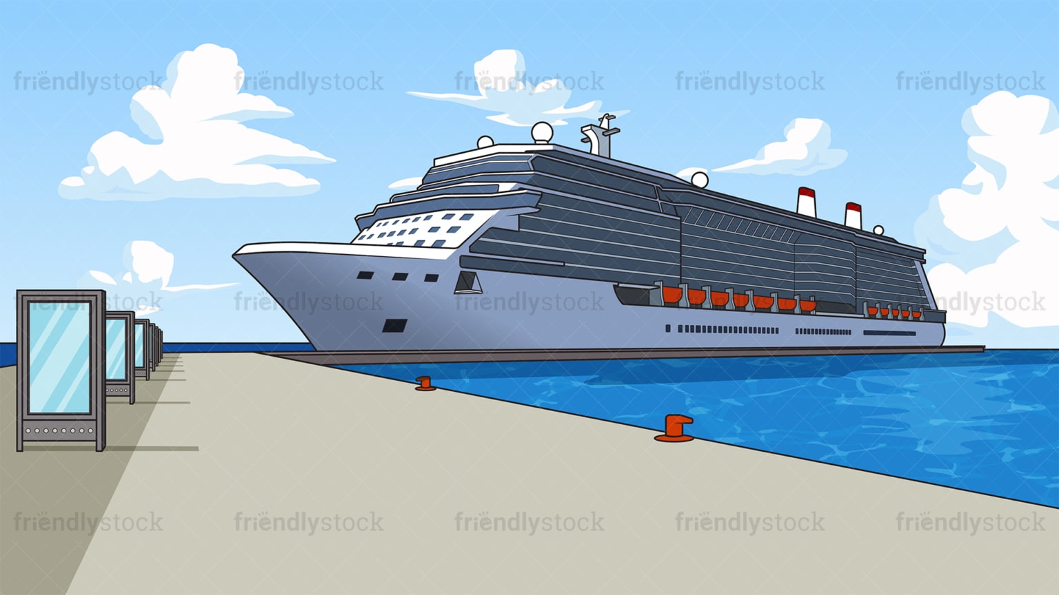 Cruise Ship At The Port Background Cartoon Vector Clipart - FriendlyStock