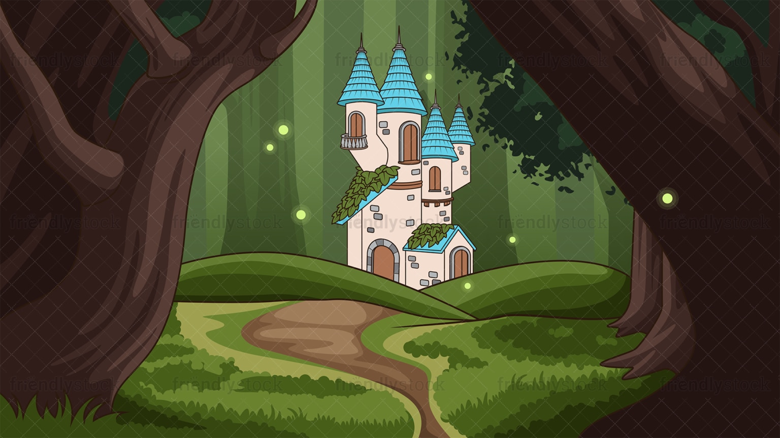 Magical Fairy Castle In The Forest Background Cartoon Vector ...