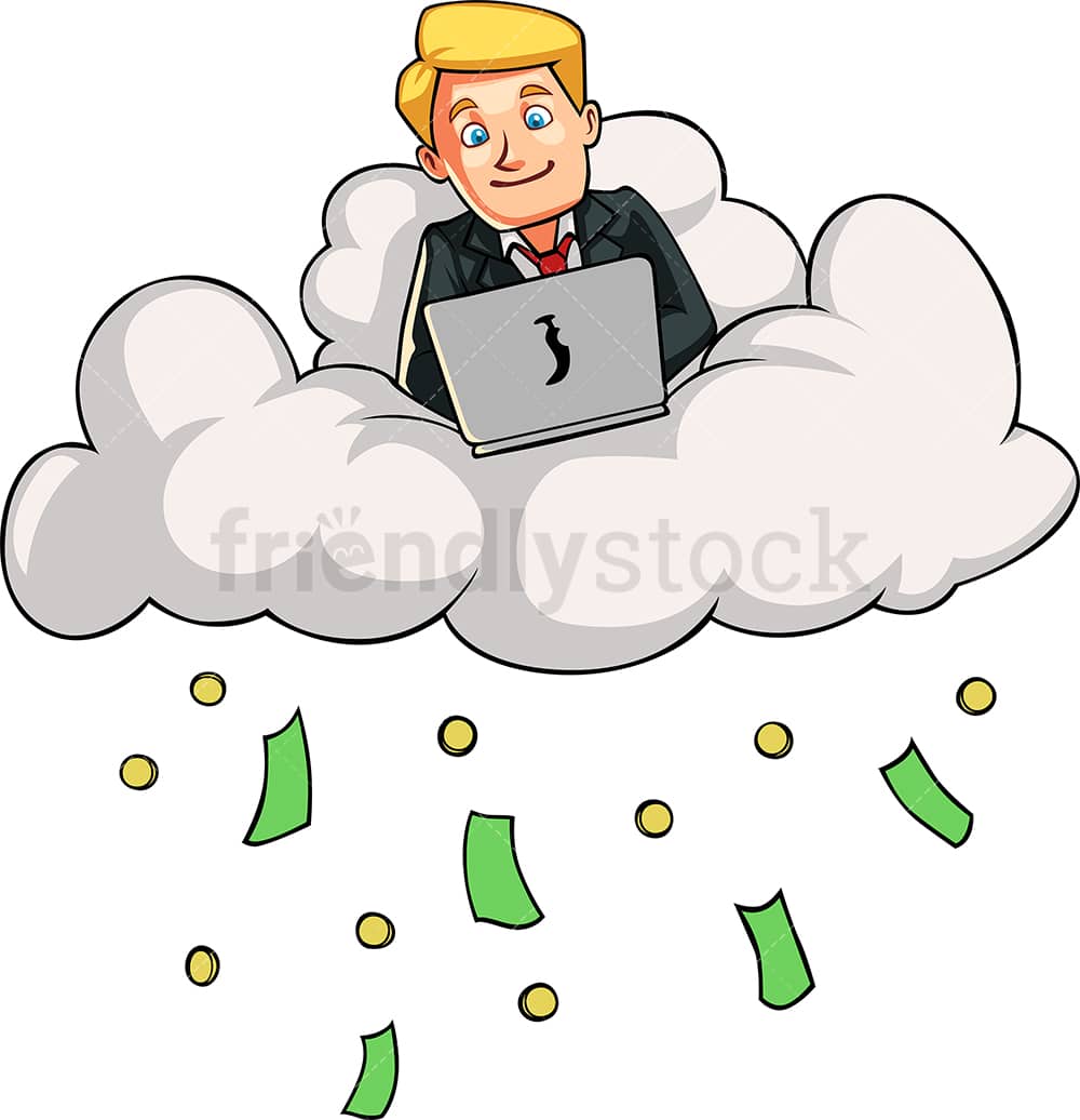 Businessman On A Cloud Raining Cash Cartoon Vector Clipart - FriendlyStock