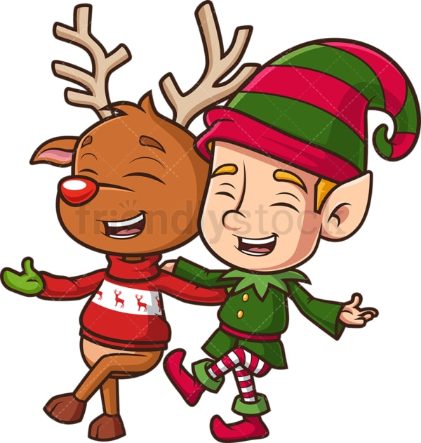 Reindeer Dancing With Christmas Elf Cartoon Clipart Vector - FriendlyStock