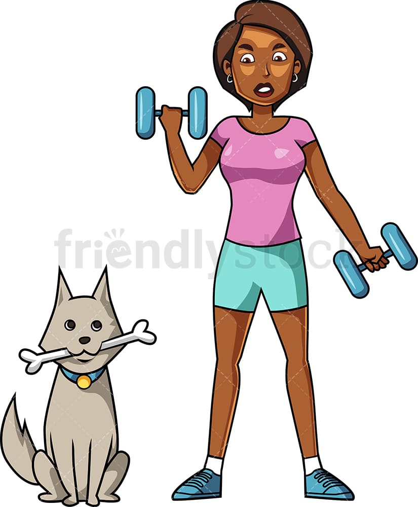 Black Woman Working Out Next To Dog Cartoon Vector Clipart - FriendlyStock