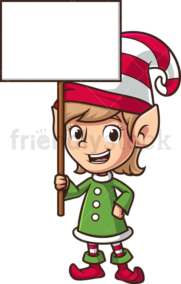 Female Christmas Elf Holding Sign Cartoon Clipart Vector - FriendlyStock