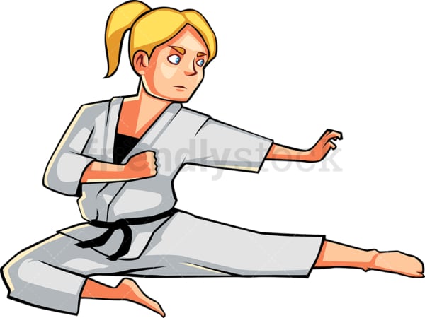 Woman Executing A Flying Kick Cartoon Vector Clipart - FriendlyStock