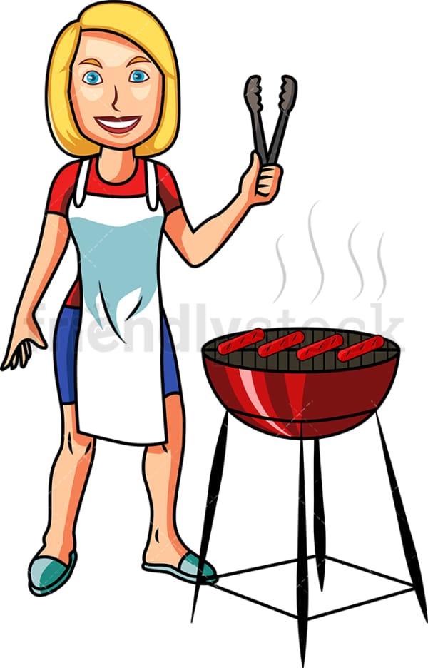 Caucasian Woman Grilling Hot Dogs Cartoon Vector Clipart - FriendlyStock