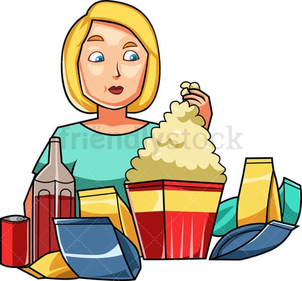 Woman Surrounded By Snacks And Sodas Cartoon Vector Clipart - FriendlyStock