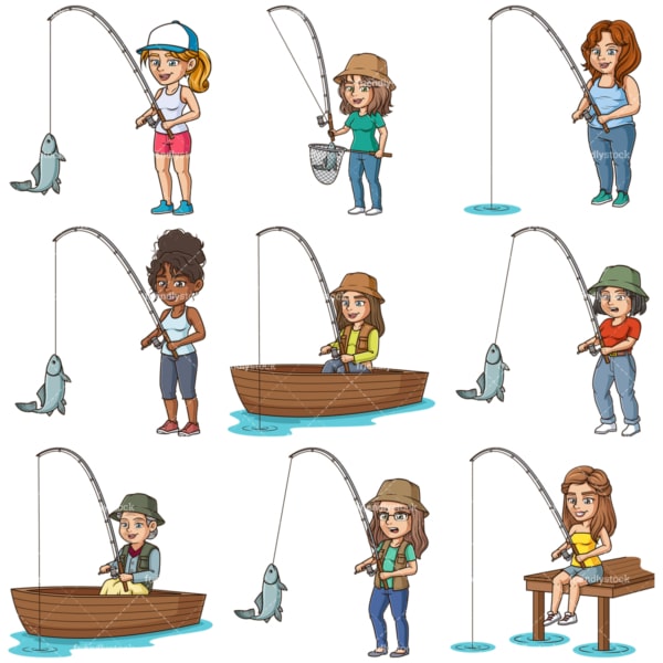 Cartoon Women Fishing Clipart Vector - FriendlyStock