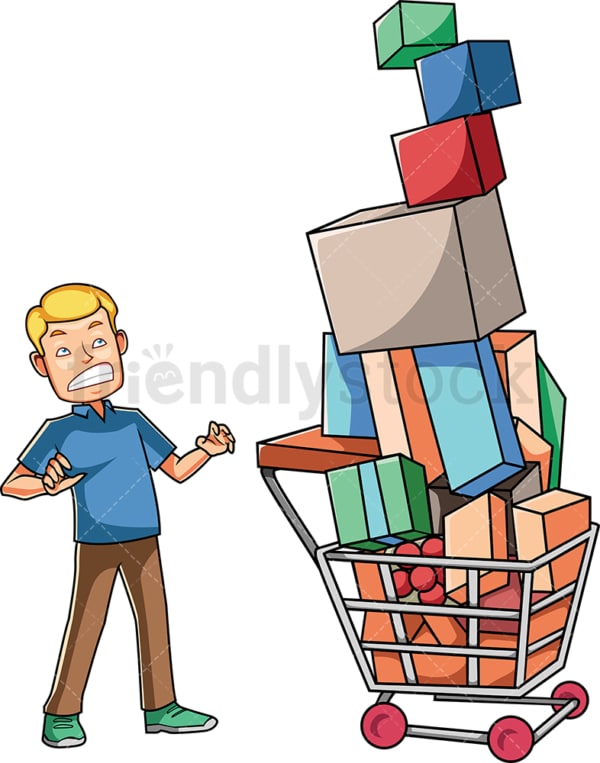Man Looking At His Overfull Cart Cartoon Vector Clipart - FriendlyStock
