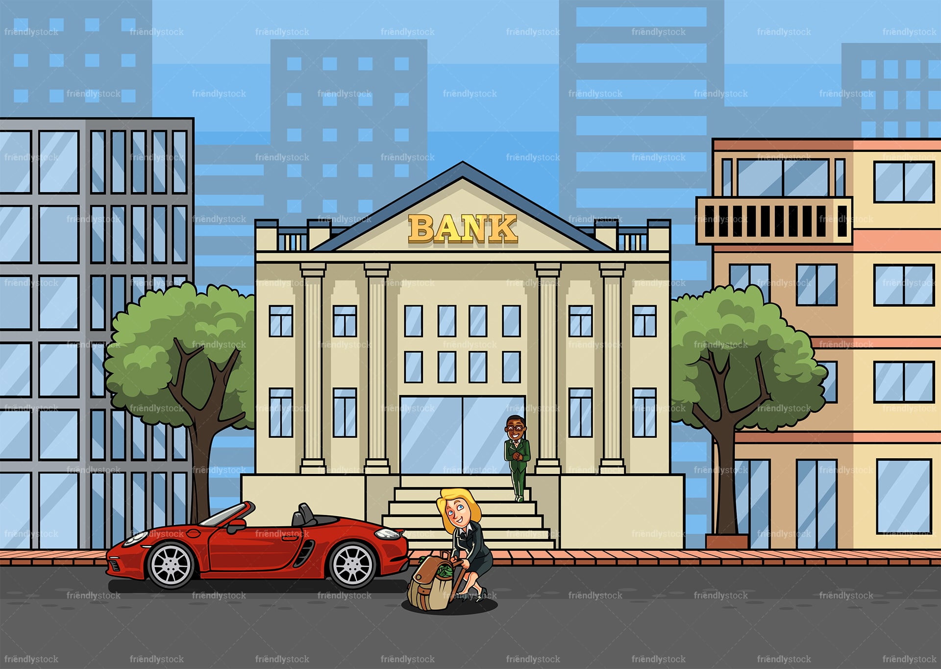 Rich Woman Pulling Bag Of Money To The Bank Cartoon Scene - FriendlyStock