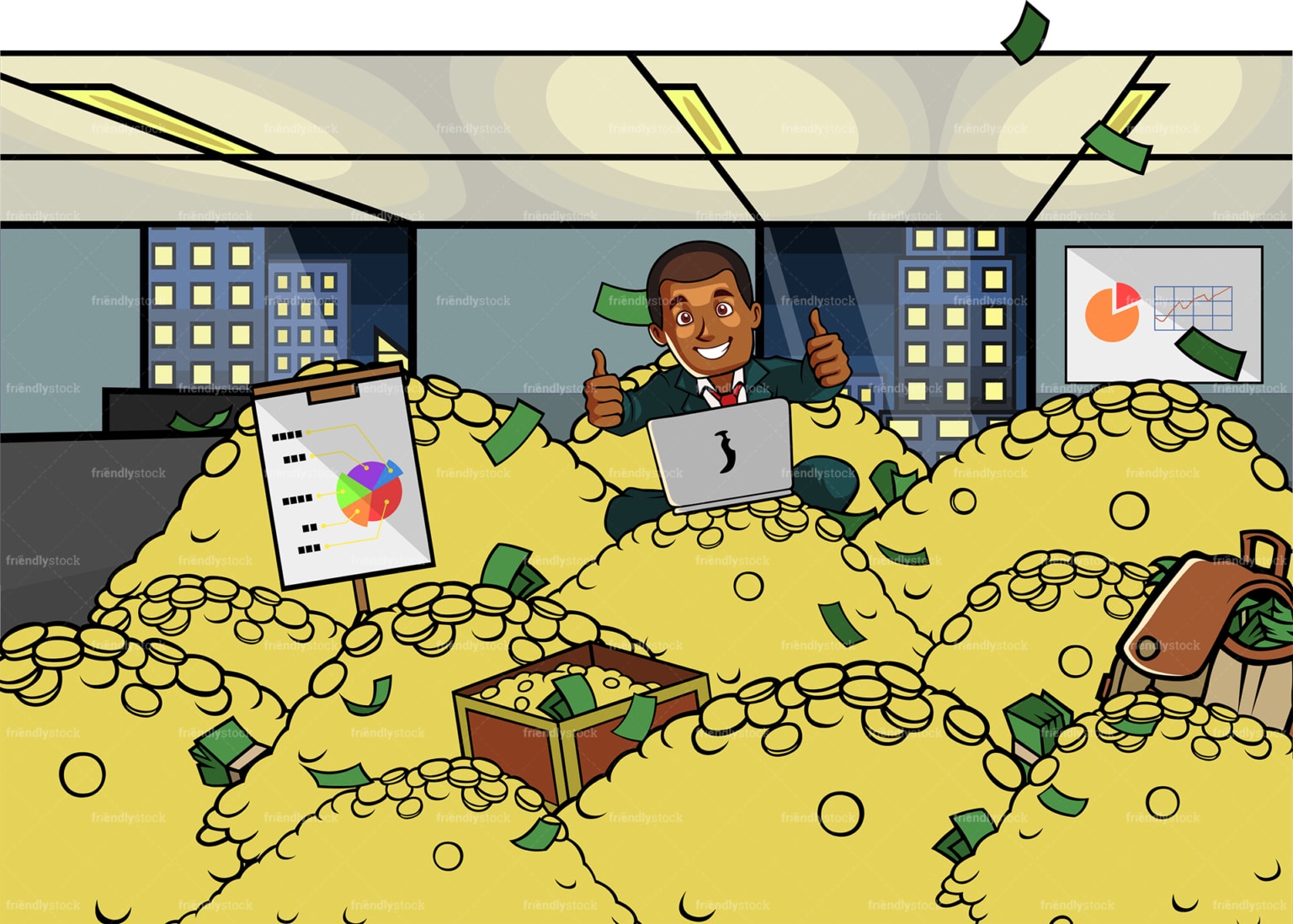 Black Businessman With Laptop Buried In Gold Cartoon Scene - FriendlyStock