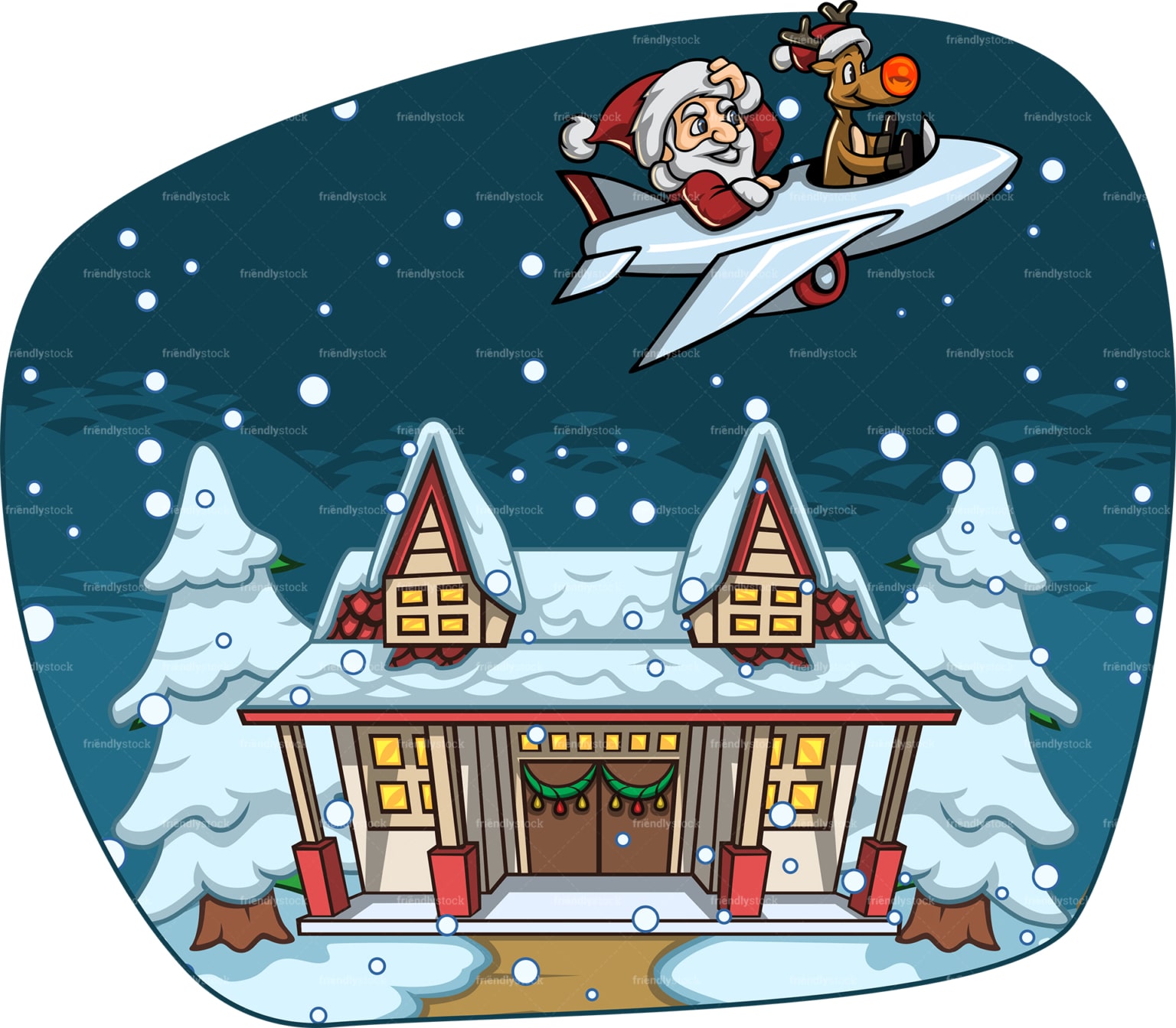Santa & Rudolph Flying Away From A House Cartoon Scene - FriendlyStock
