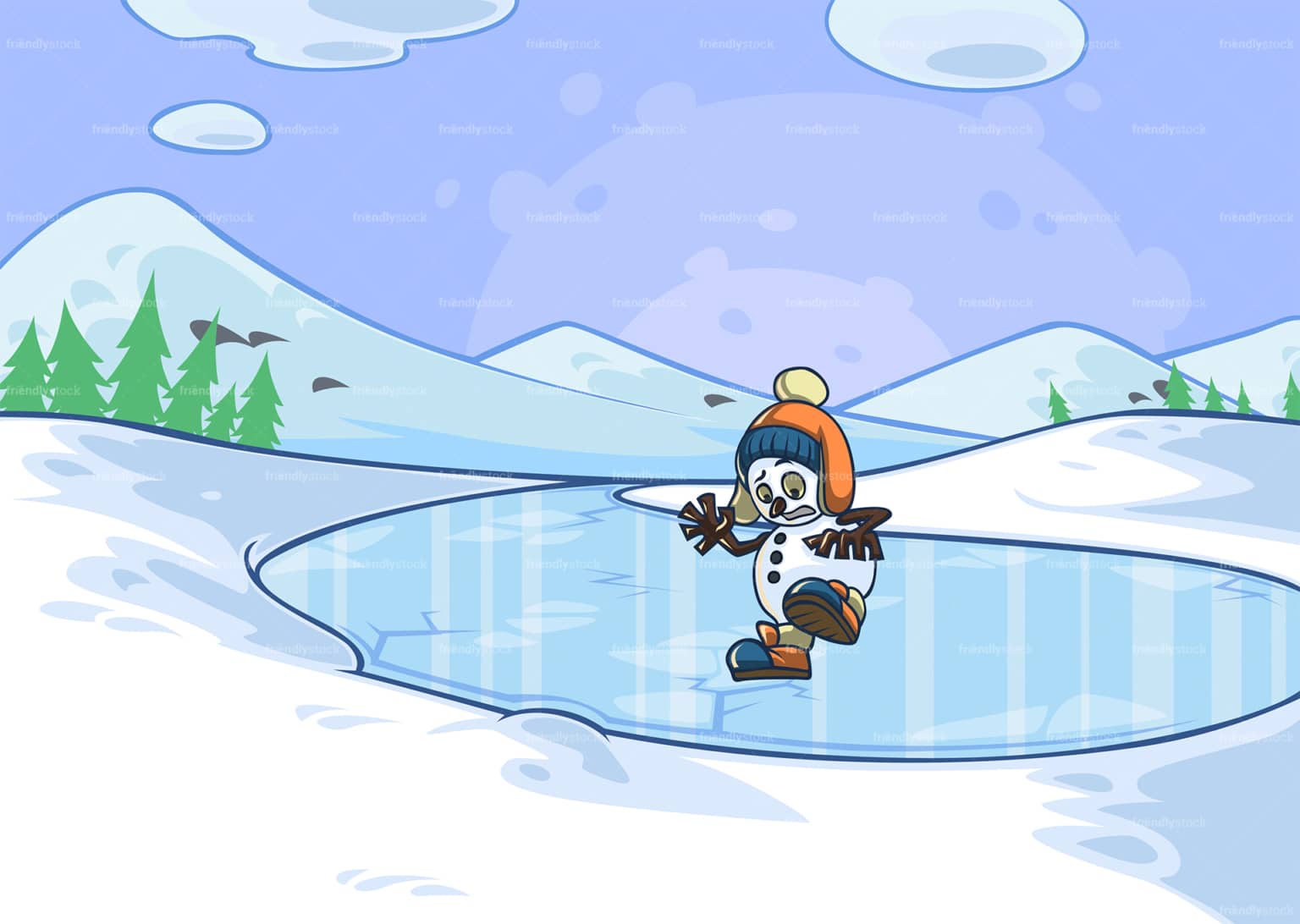 Snowman Slipping On Ice While Crossing A Frozen Lake Cartoon ...