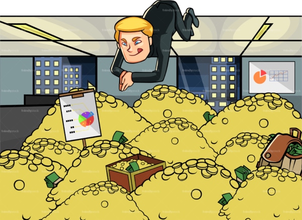 Man Diving In Pile Of Money And Gold Cartoon Scene - FriendlyStock