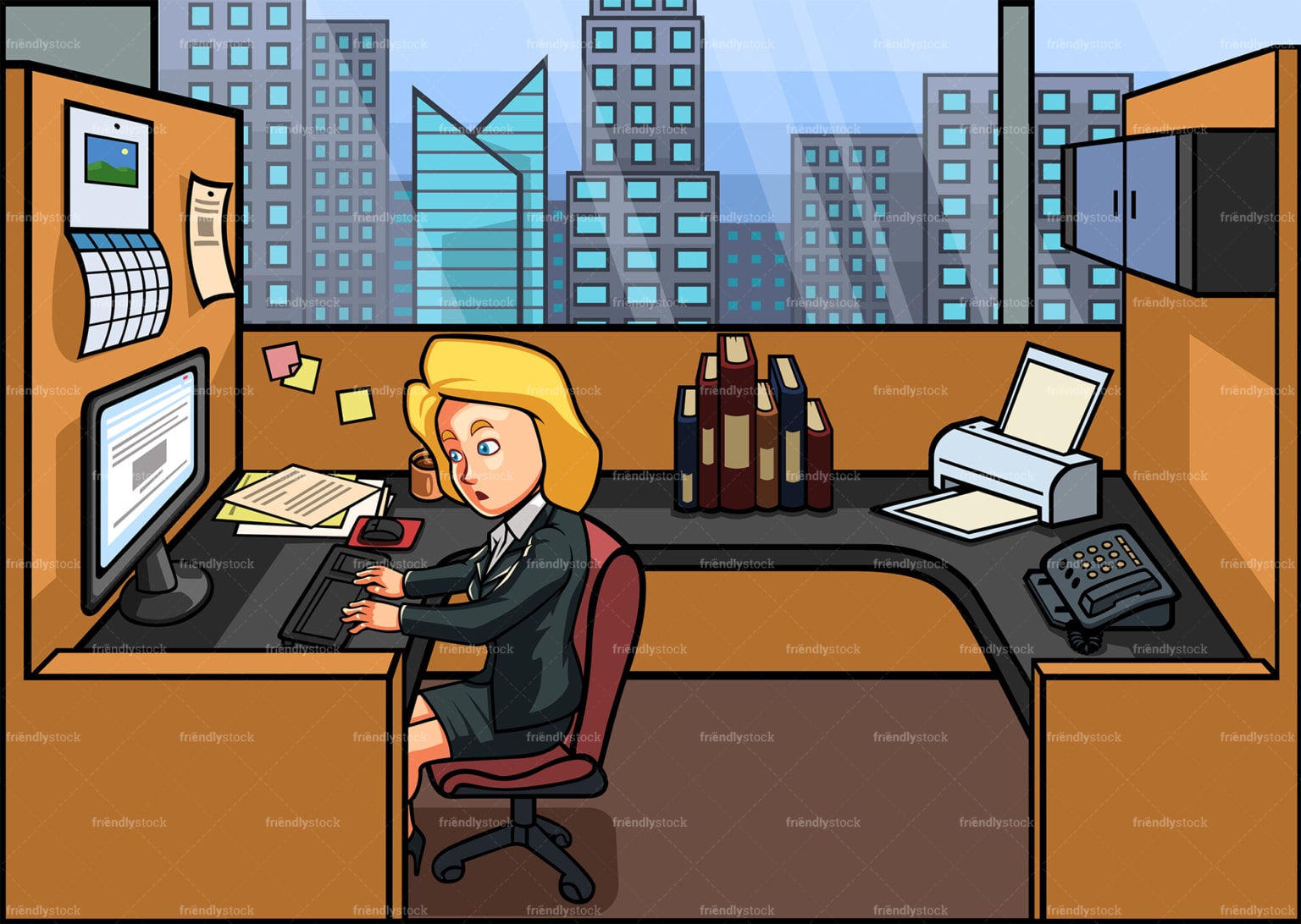 Bored Woman At Her Cubicle Working 9 To 5 Cartoon Scene - FriendlyStock