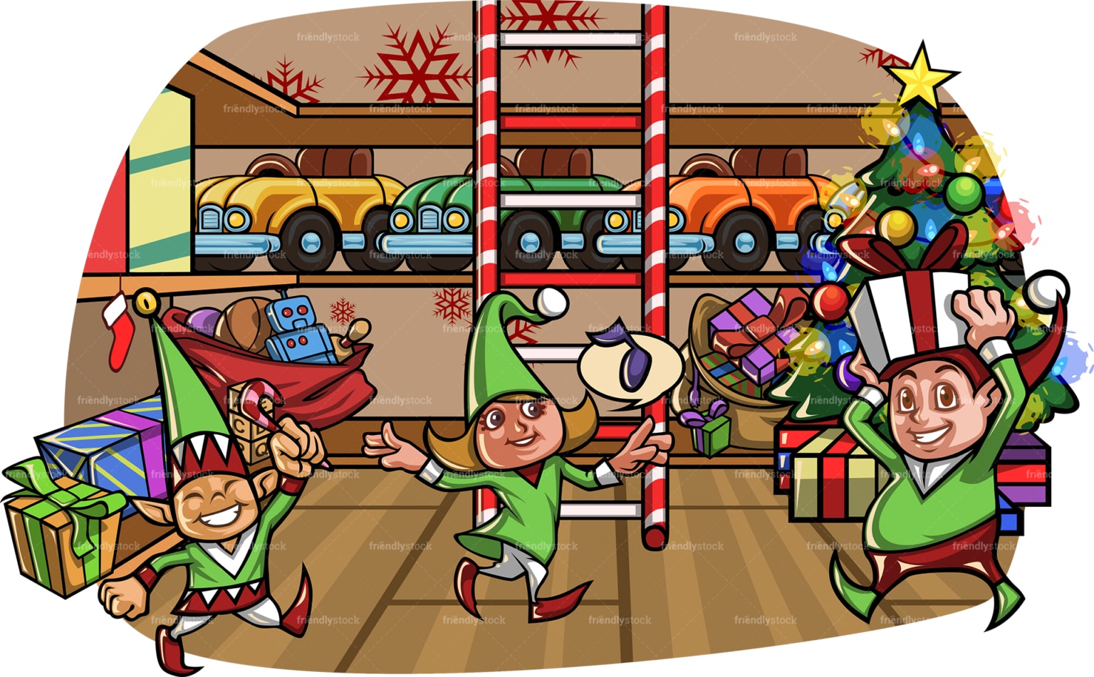 Elves Having Fun At Santa's Workshop Cartoon Scene - FriendlyStock