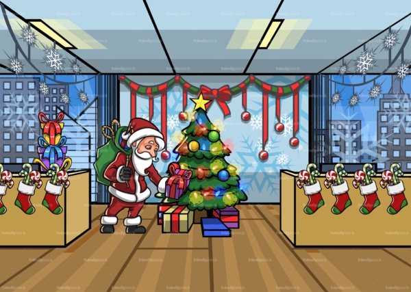 Santa Leaving Present Under Christmas Tree At Office Cartoon ...