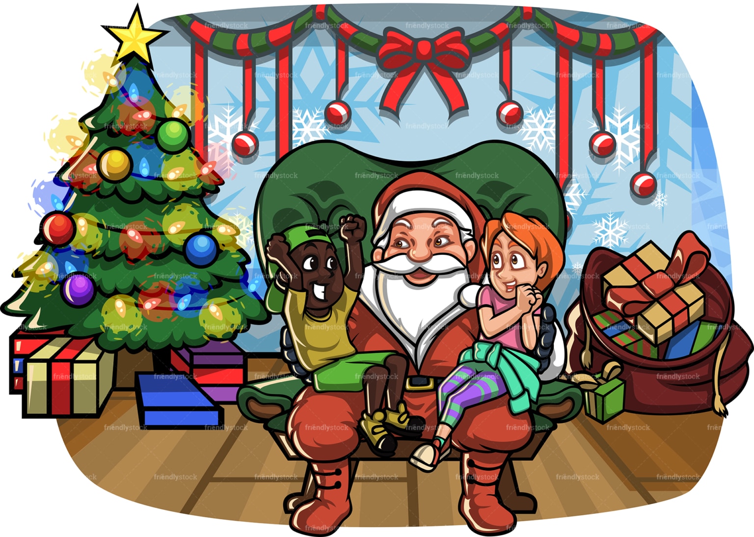 Kids Sitting On Santa's Lap At Christmas Cartoon Scene - FriendlyStock