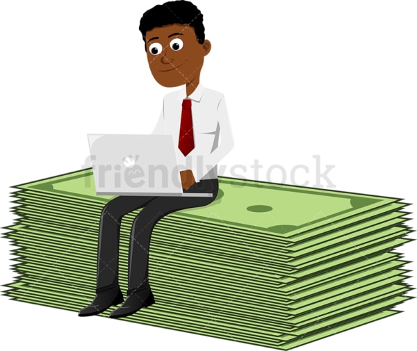 Black Man Atop Large Sum Of Money Working On Laptop Vector - FriendlyStock