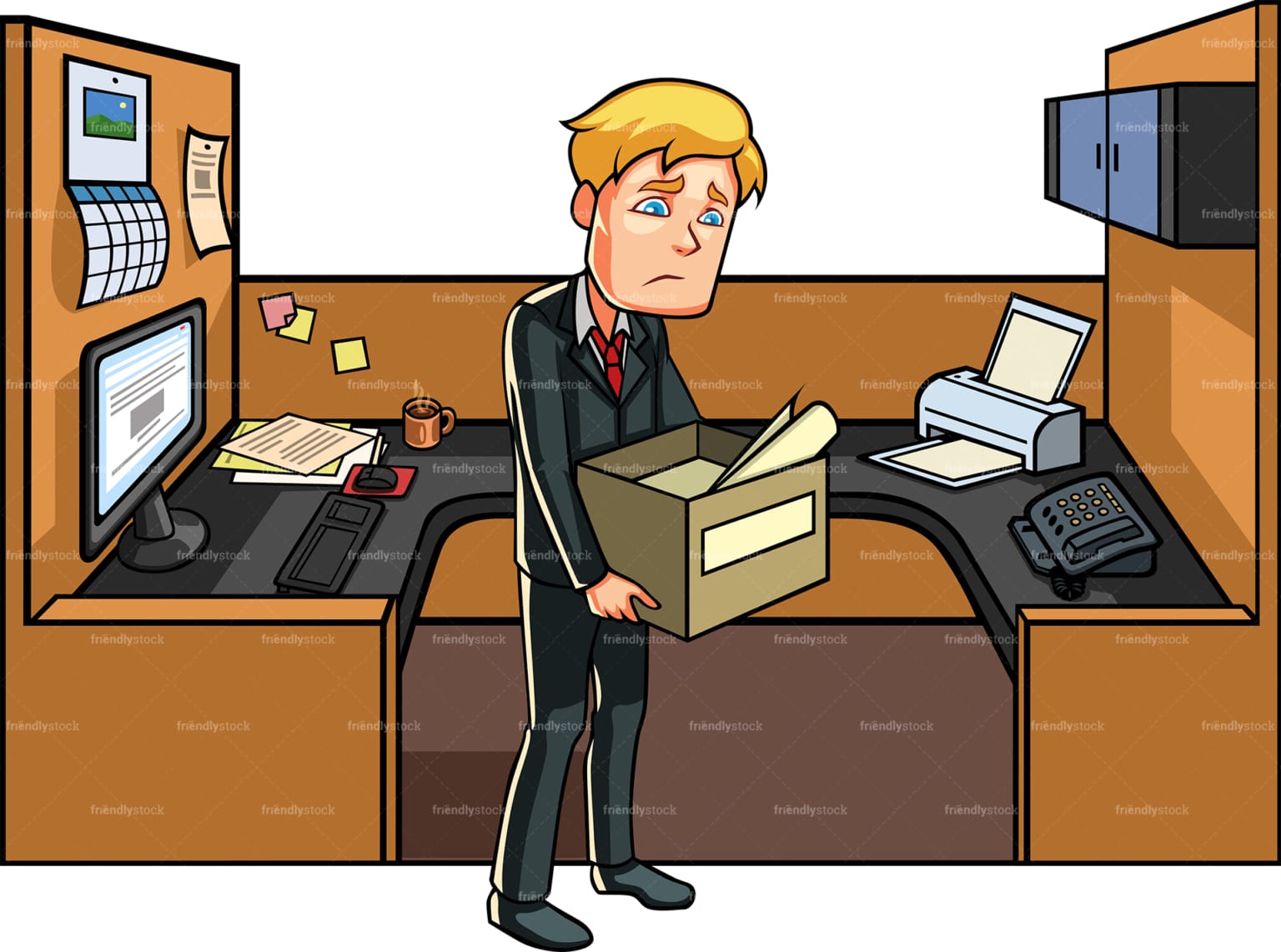 Man In Cubicle After Getting Fired Cartoon Scene - FriendlyStock