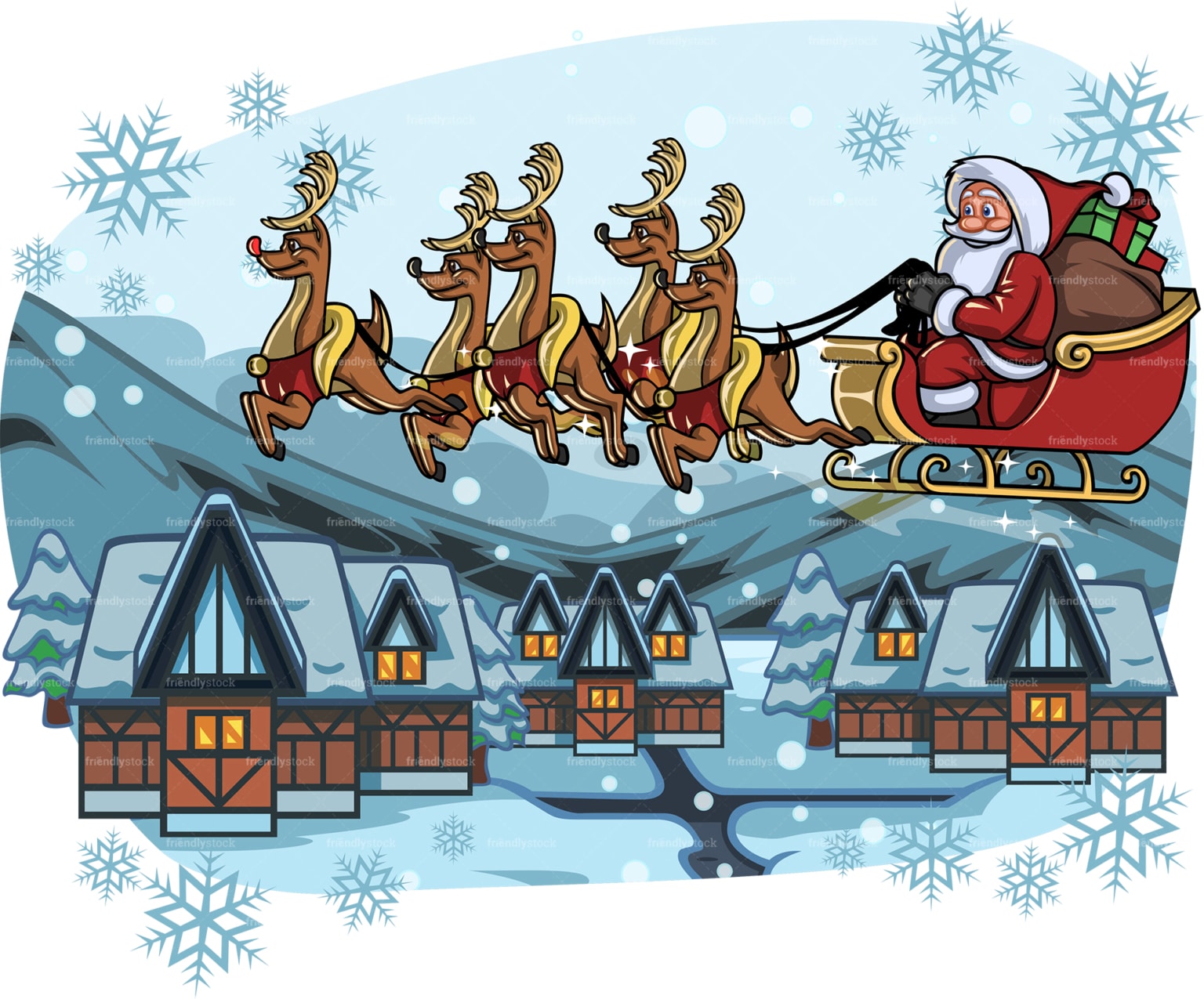 Santa Claus Flying Over A Village Cartoon Scene - FriendlyStock