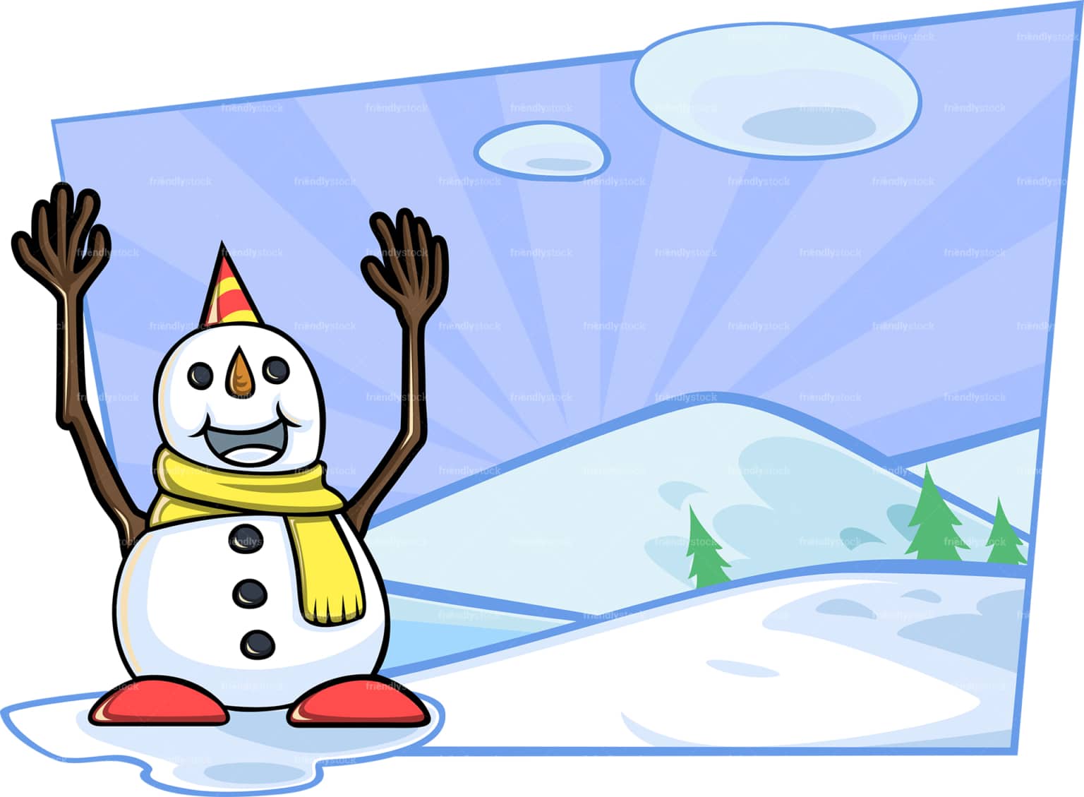 Snowman In Front Of Snowy Hills & Mountains Cartoon Scene - FriendlyStock