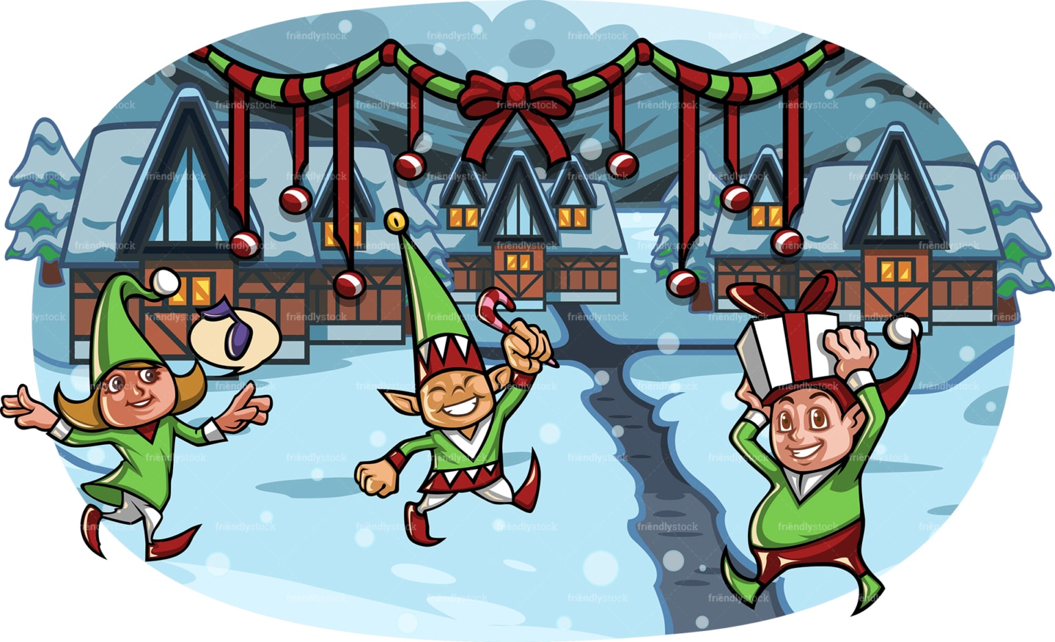 Christmas Elves In Village Covered In Snow Cartoon Scene - FriendlyStock