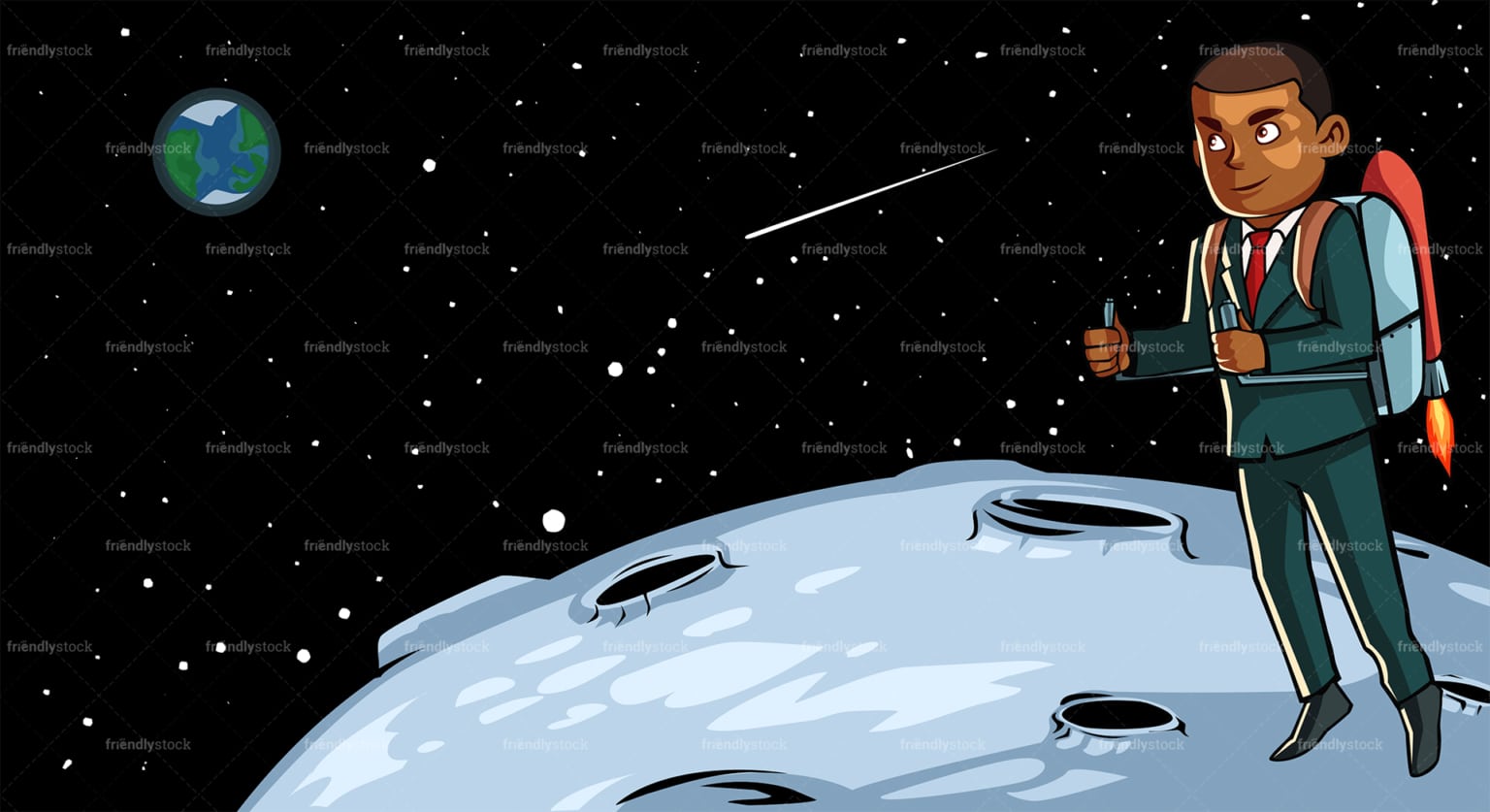 Black Businessman With Jetpack In Space Cartoon Scene - FriendlyStock