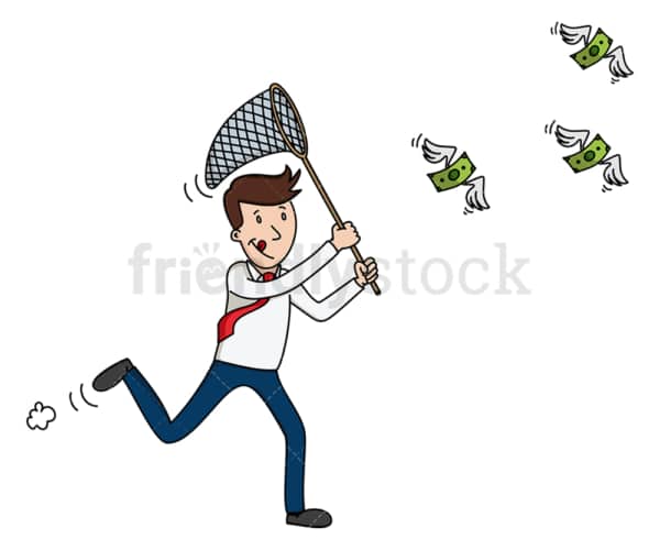 Corporate Man Chasing Flying Dollars Cartoon Clipart Vector - FriendlyStock