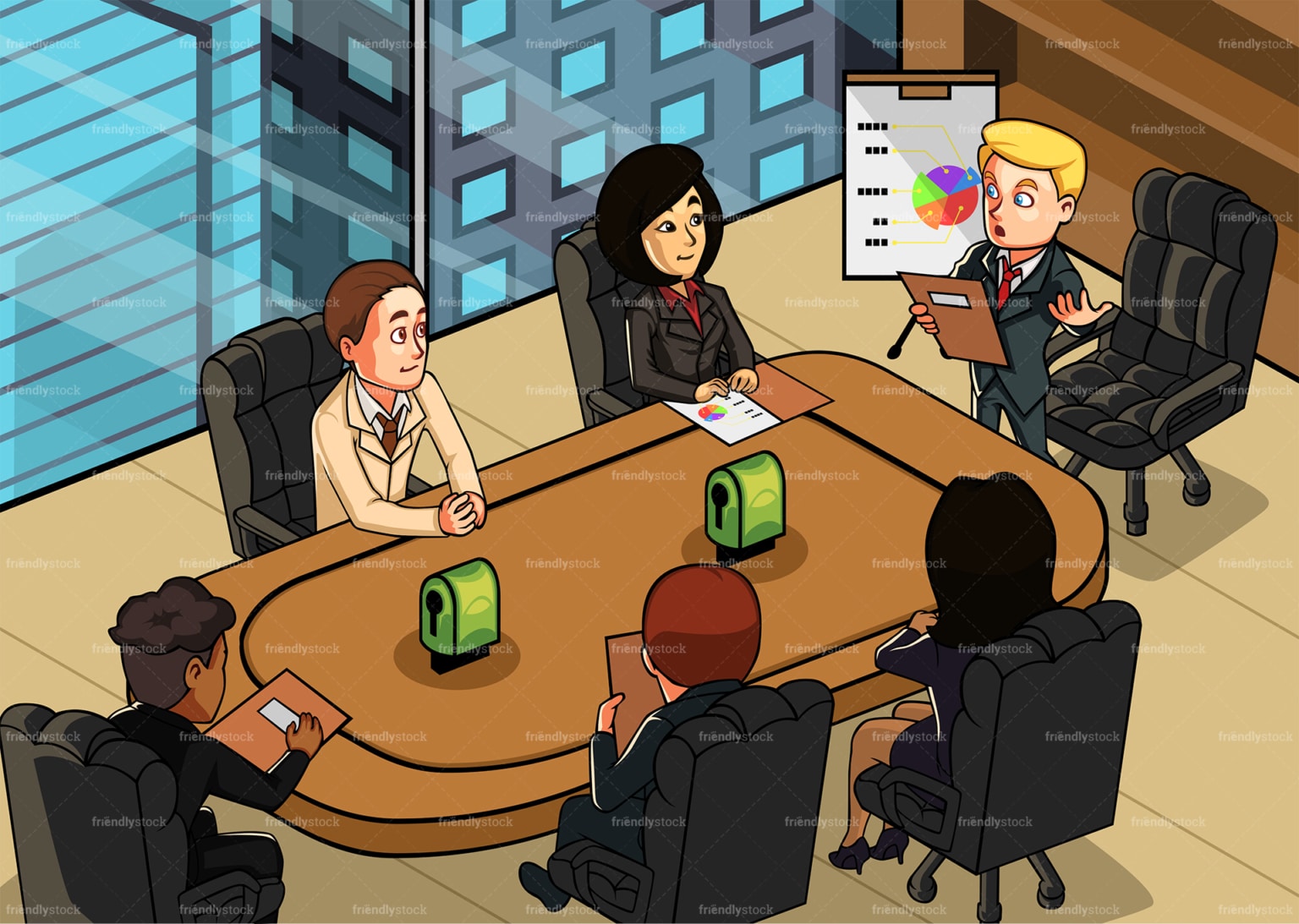 Team Of Executives Having A Business Meeting Cartoon Scene - FriendlyStock