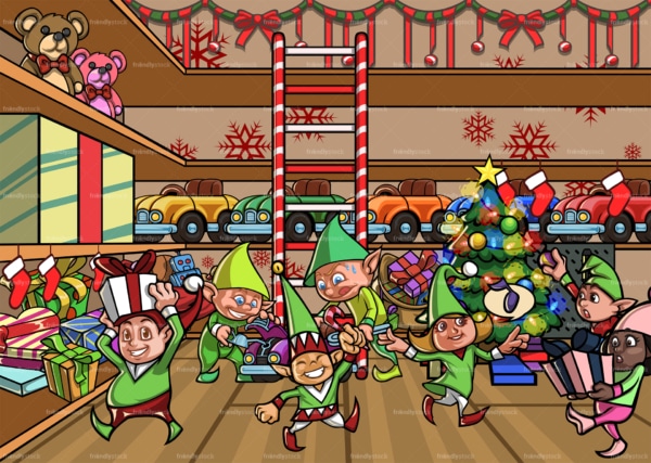 Elves Making Toys At Santa's Workshop Cartoon Scene - FriendlyStock